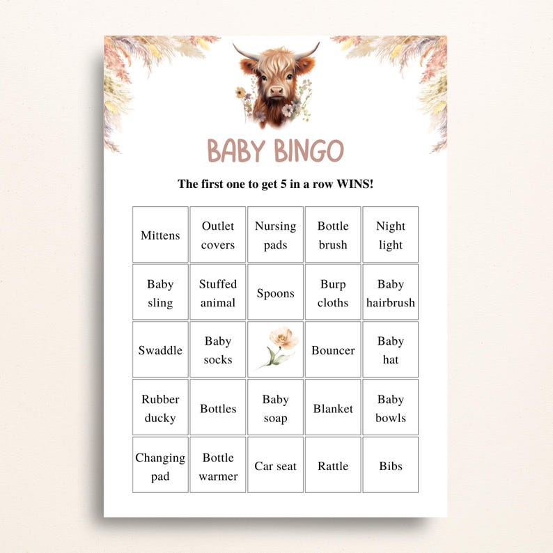 100 Printable Highland Cow Baby Shower Bingo Cards, Prefilled Baby ...