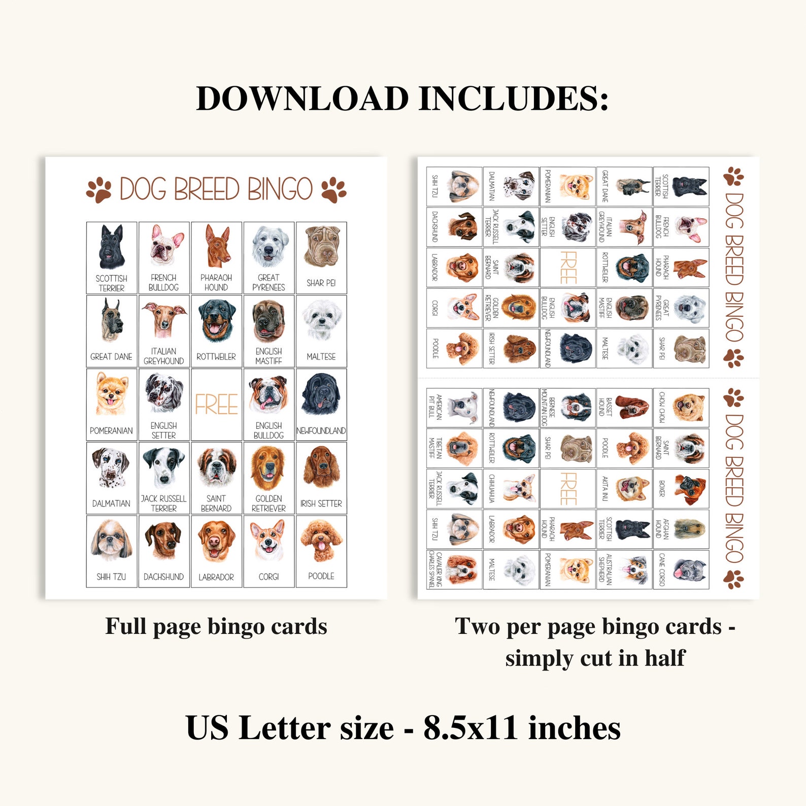 50 Printable Dog Bingo Cards Dog Breed Picture Bingo Dog Themed ...