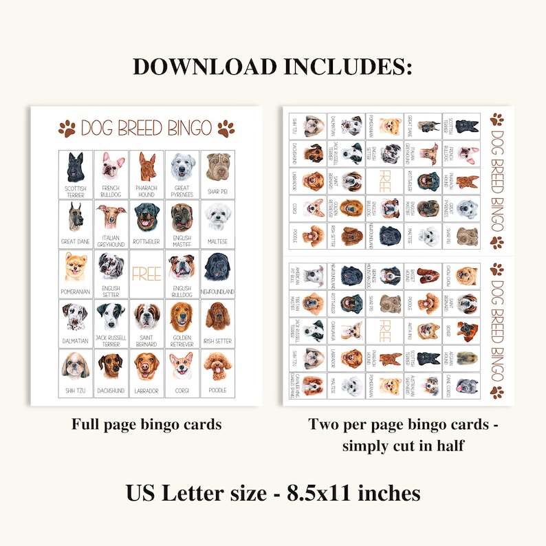 50 Printable Dog Bingo Cards | Dog Breed Picture Bingo | Dog Themed ...