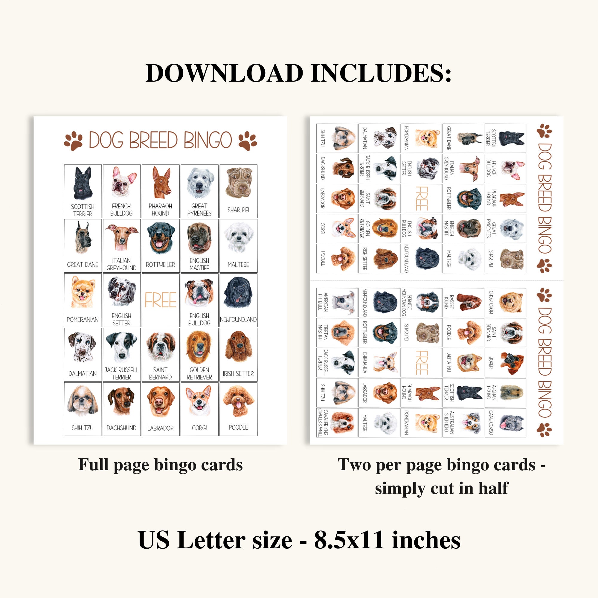 50 Printable Dog Bingo Cards Dog Breed Picture Bingo Dog Themed ...