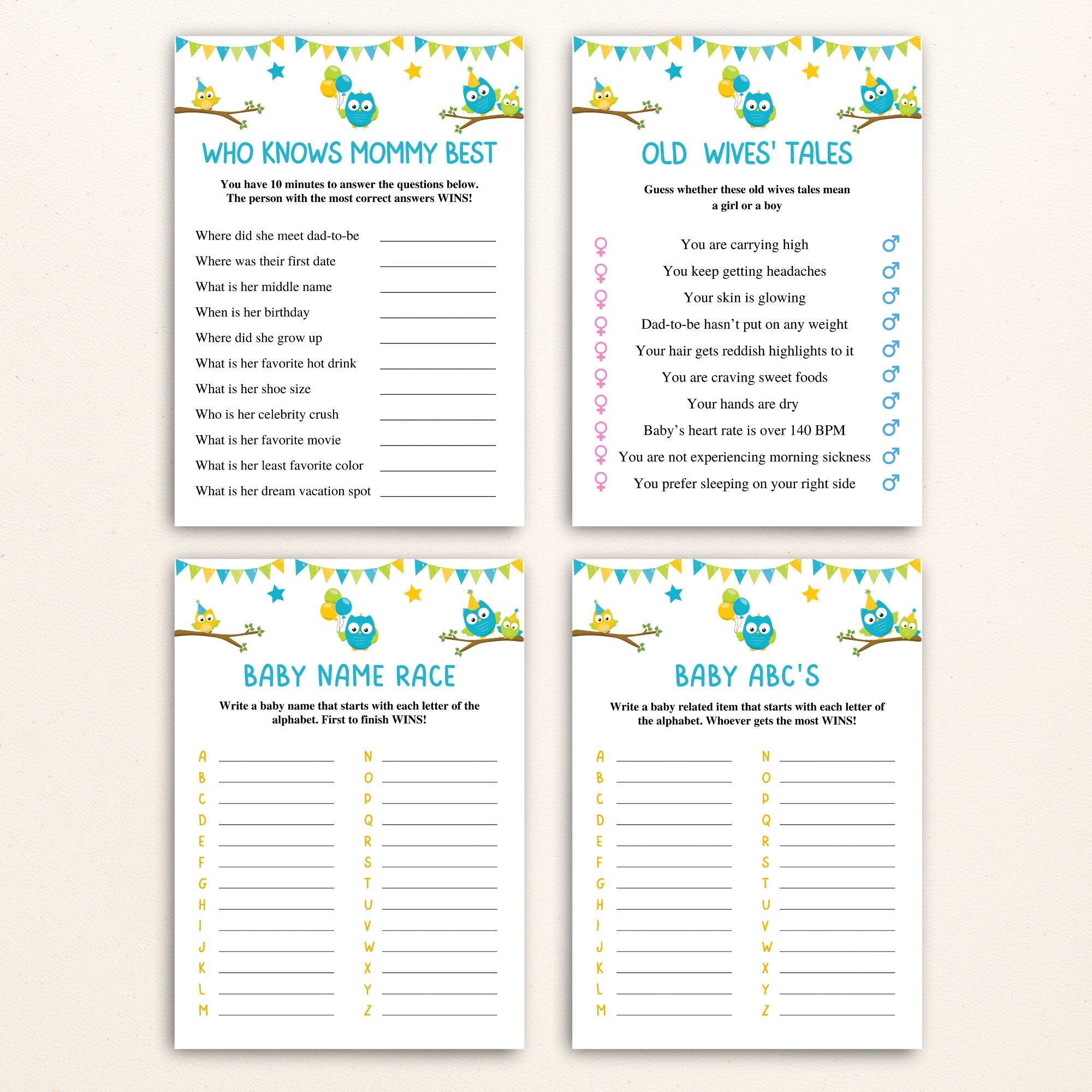 16 Printable Owl Baby Shower Games Blue Owl Baby Shower Game - Etsy