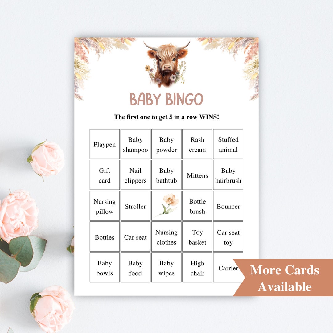 30 Printable Highland Cow Baby Shower Bingo Cards | 5x7'' Pampas Grass ...