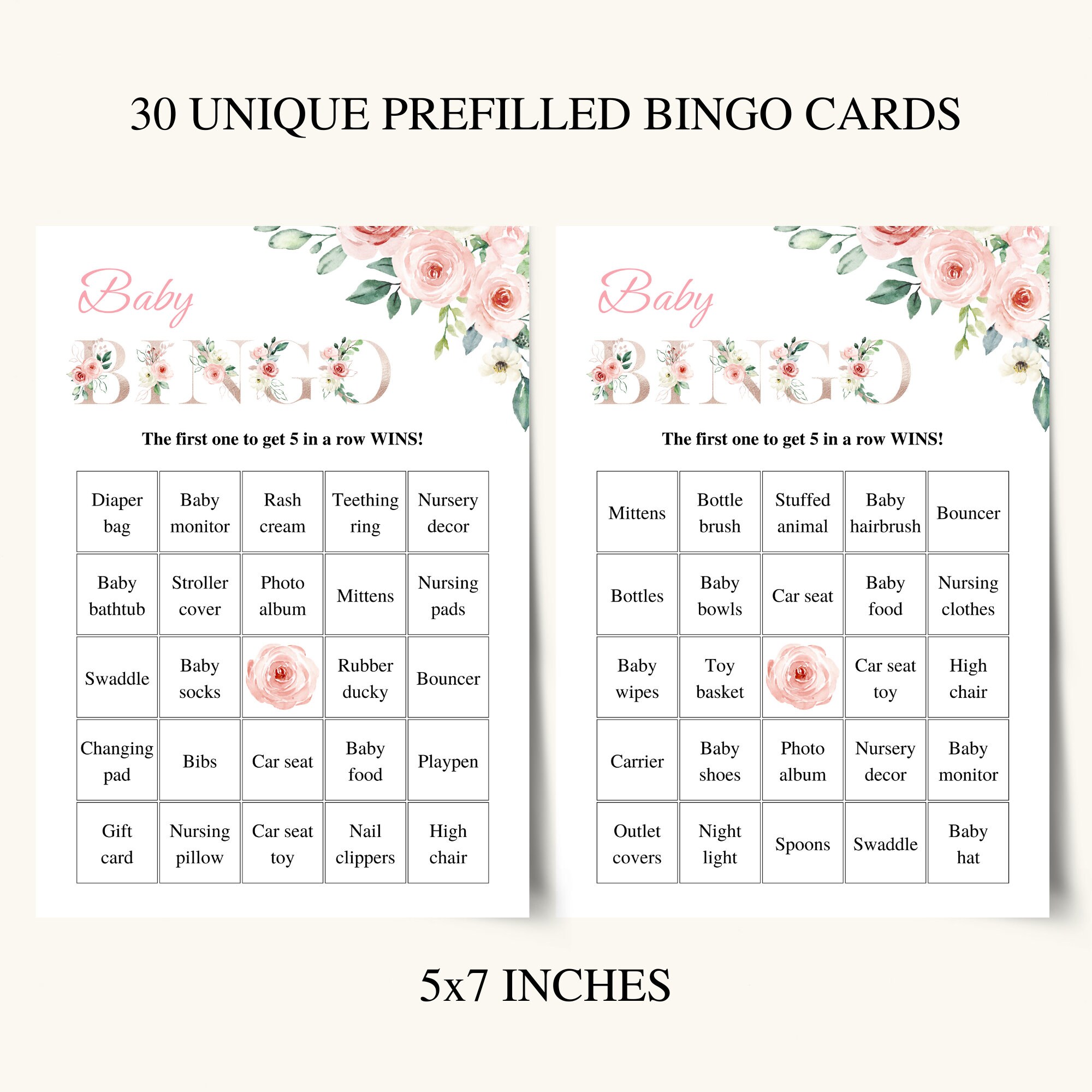 30 Printable Prefilled Baby Shower Bingo Cards, Floral Baby Shower ...