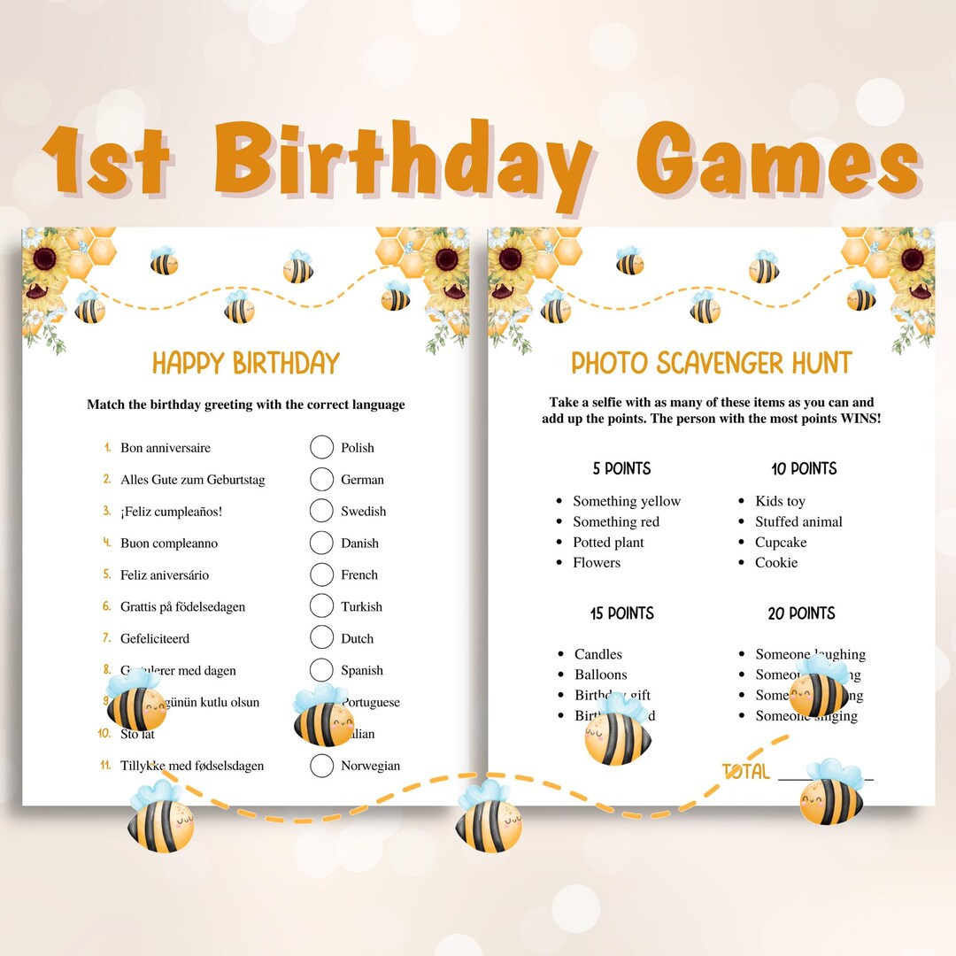 12 Printable First Bee Day Birthday Games, First Birthday Party Games ...