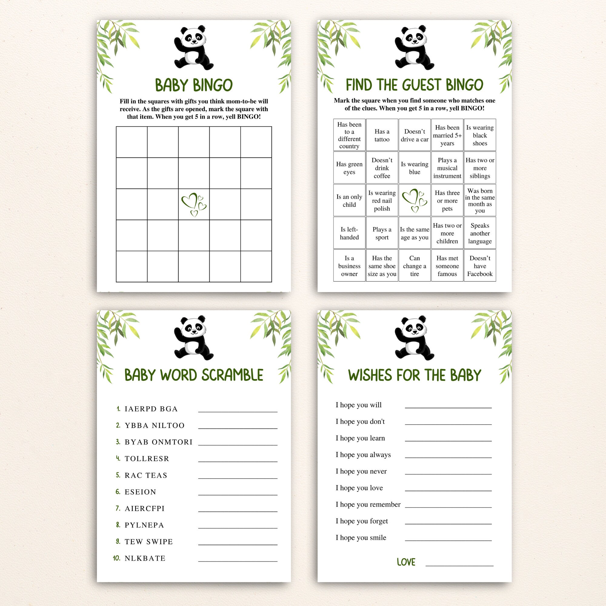 16 Printable Panda Baby Shower Games, Jungle Baby Shower Games, Safari ...