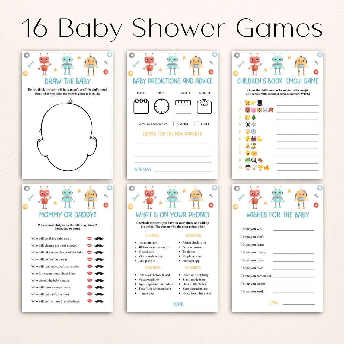 16 Printable Robot Baby Shower Games 5x7'' Boy Baby Shower Game Bundle ...