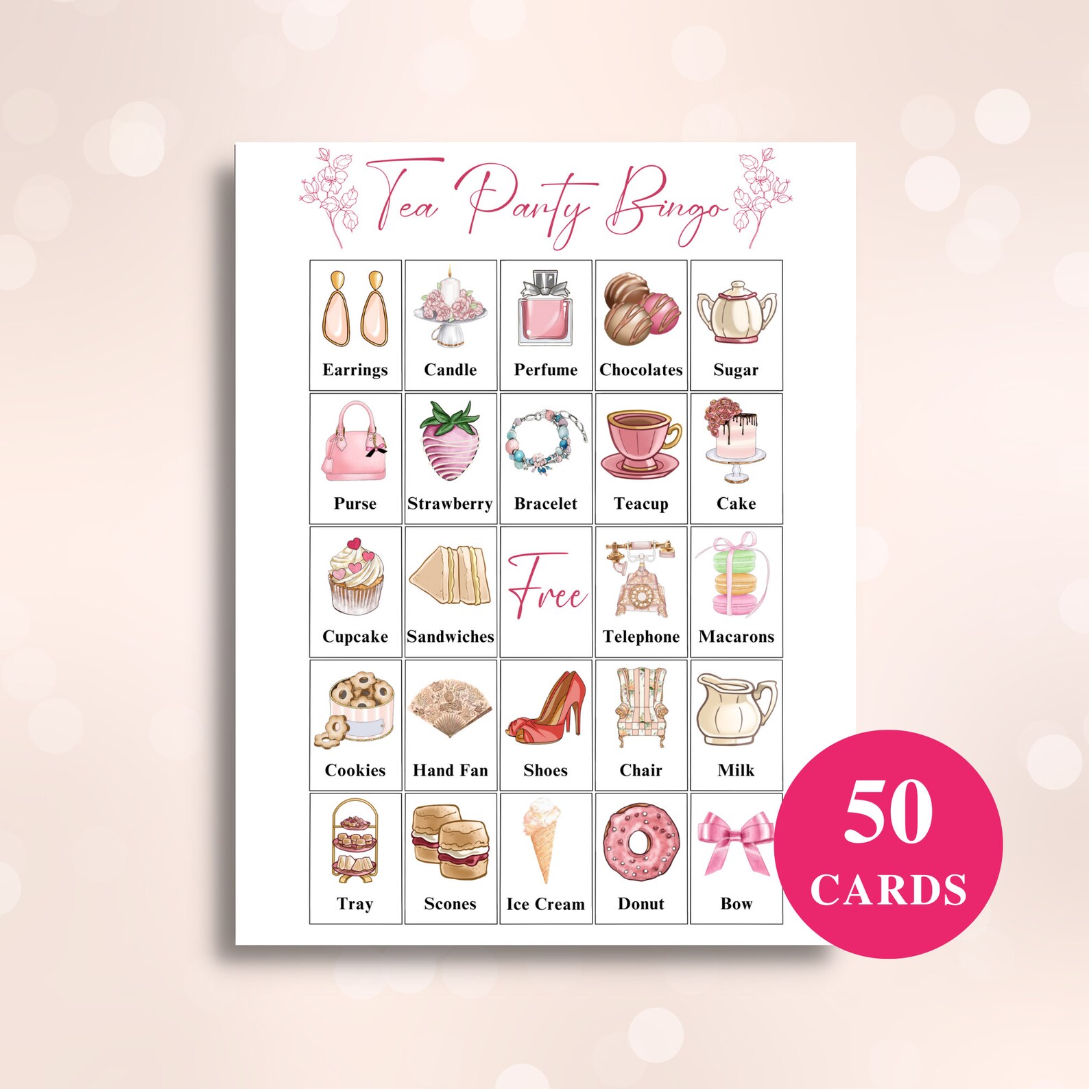 50 Printable Tea Party Bingo Cards Tea Party Bridal Shower Games Tea ...