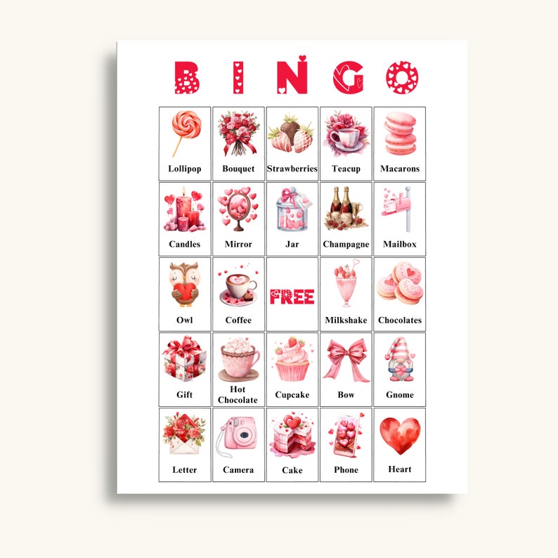 50 Printable Valentine's Day Bingo Cards | Valentines Picture Bingo ...
