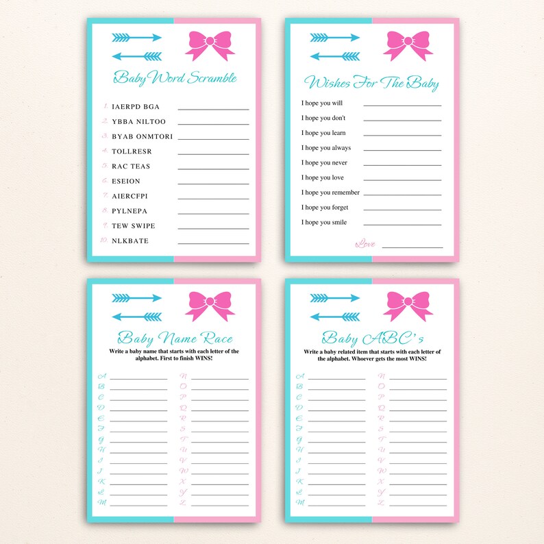 12 Printable Bows or Arrows Gender Reveal Games Pink and Blue Gender Reveal Party Games He or ...