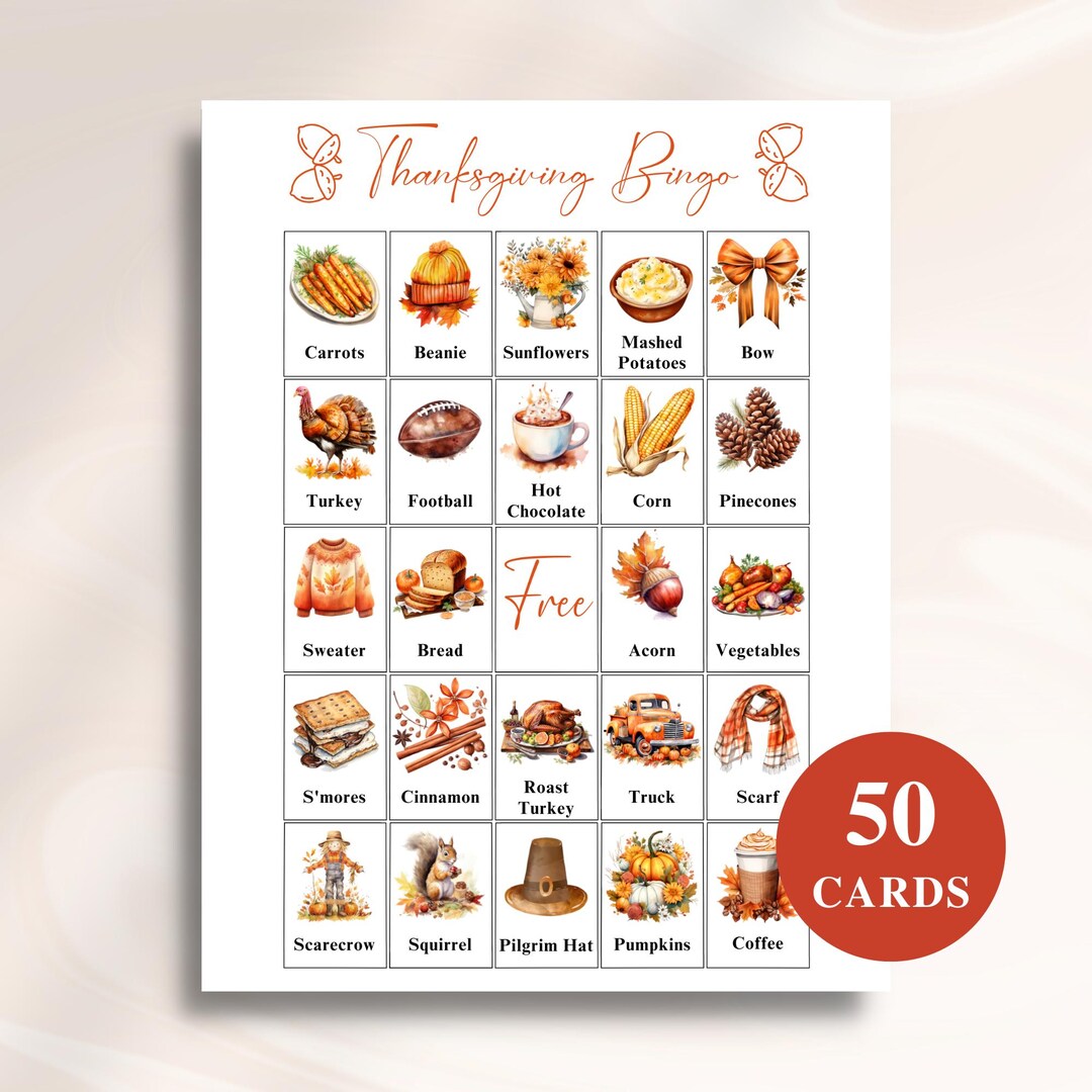 50 Printable Thanksgiving Bingo Cards | Thanksgiving Picture Bingo ...