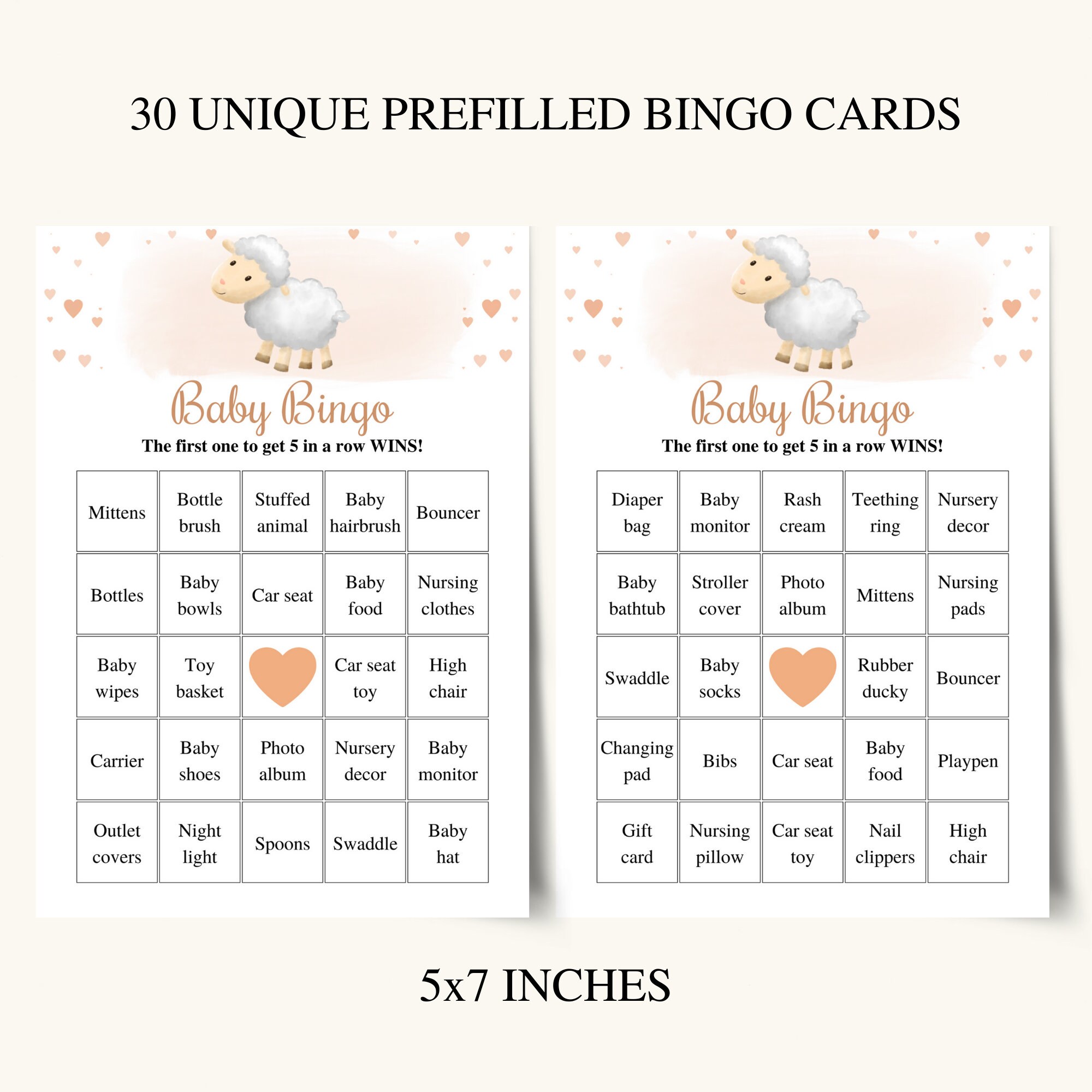 30 Printable Prefilled Baby Shower Bingo Cards, Little Lamb Baby Shower ...