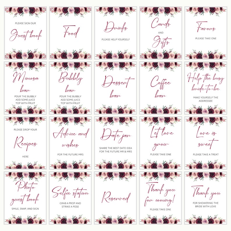 20 Printable Burgundy Bridal Shower Signs 8x10 Bridal Shower - Etsy