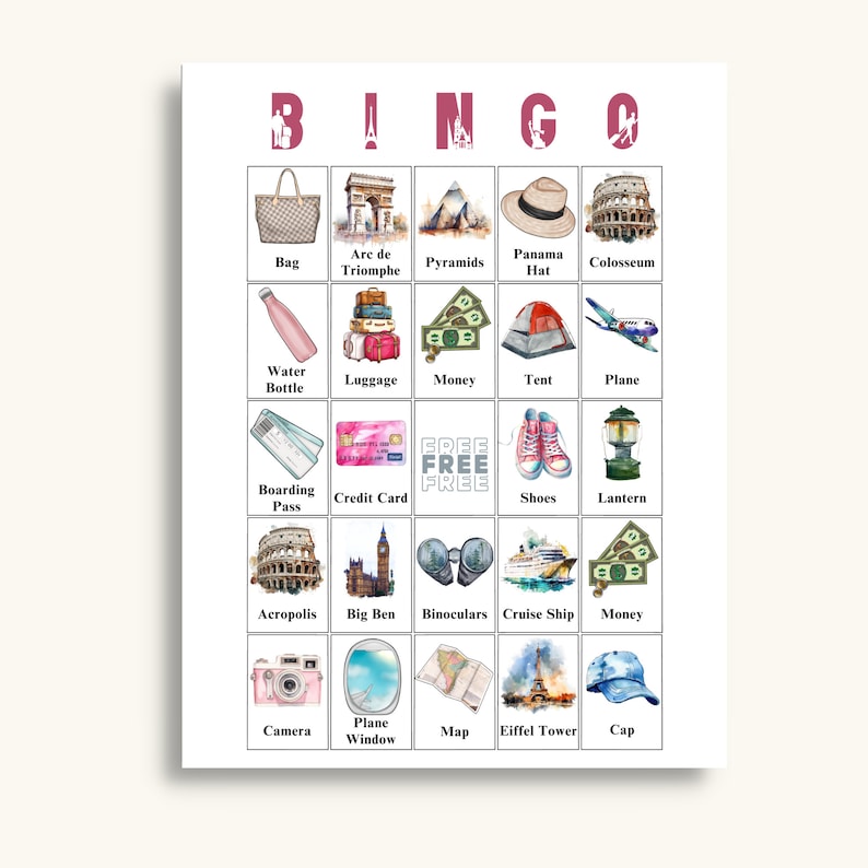 50 Printable Travel Picture Bingo Cards, Travel Birthday Party Games ...