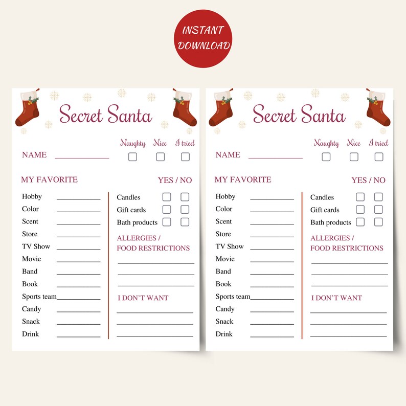 Printable Secret Santa Questionnaire, 5x7 Work Secret Santa Info Cards ...