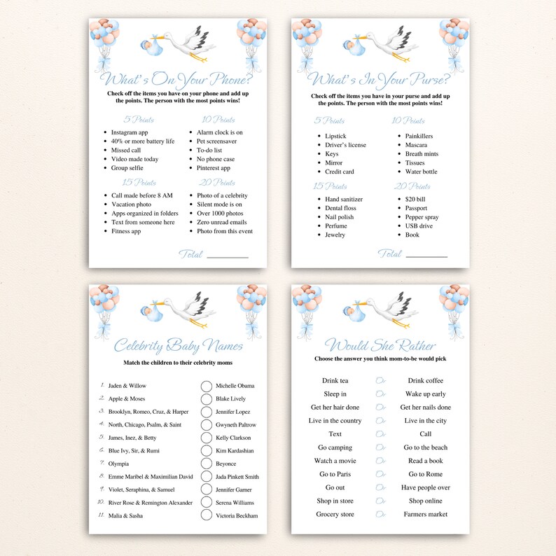 16 Printable Stork Baby Shower Games Blue Stork Theme Baby Shower Game ...