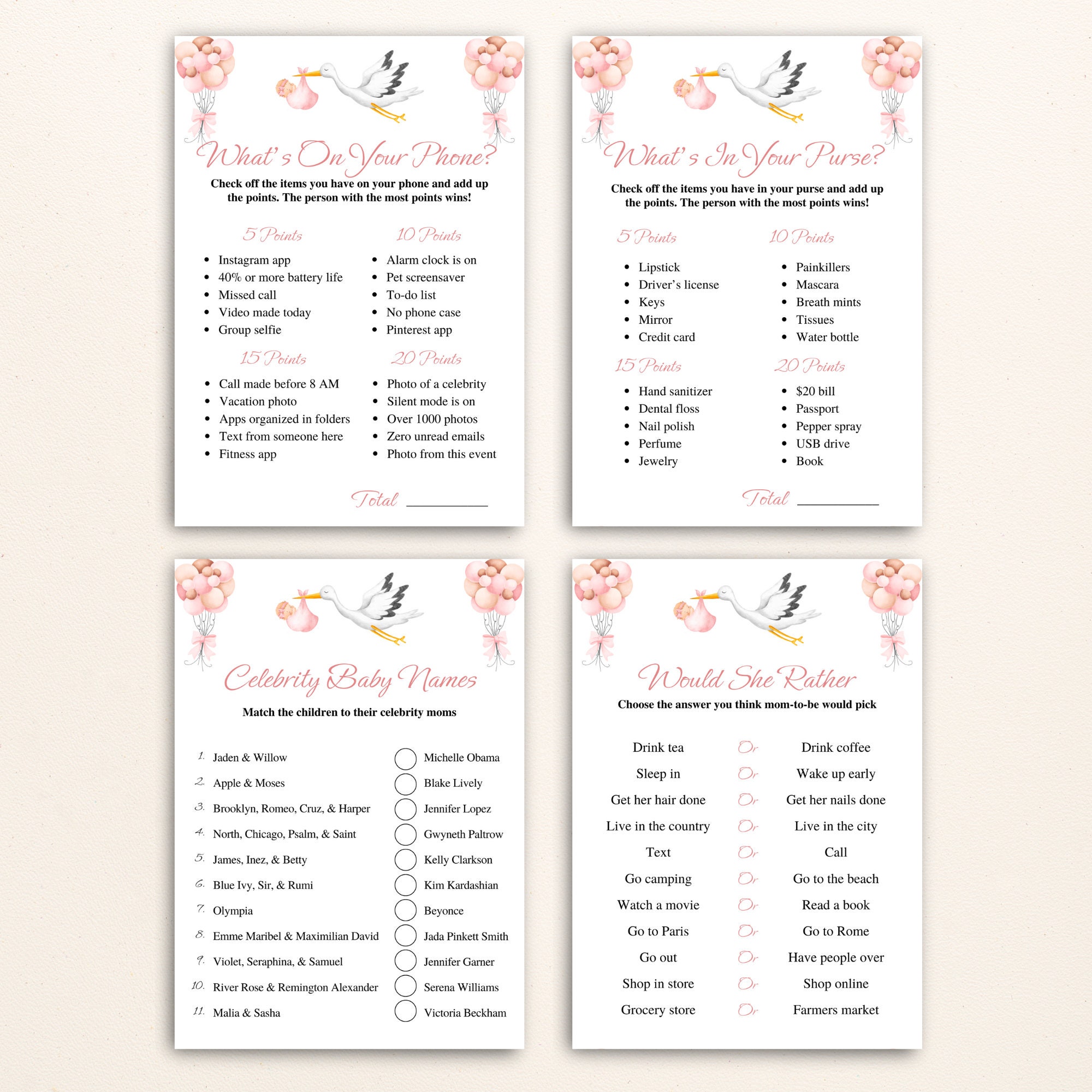 16 Printable Stork Baby Shower Games Pink Stork Theme Baby Shower Game ...
