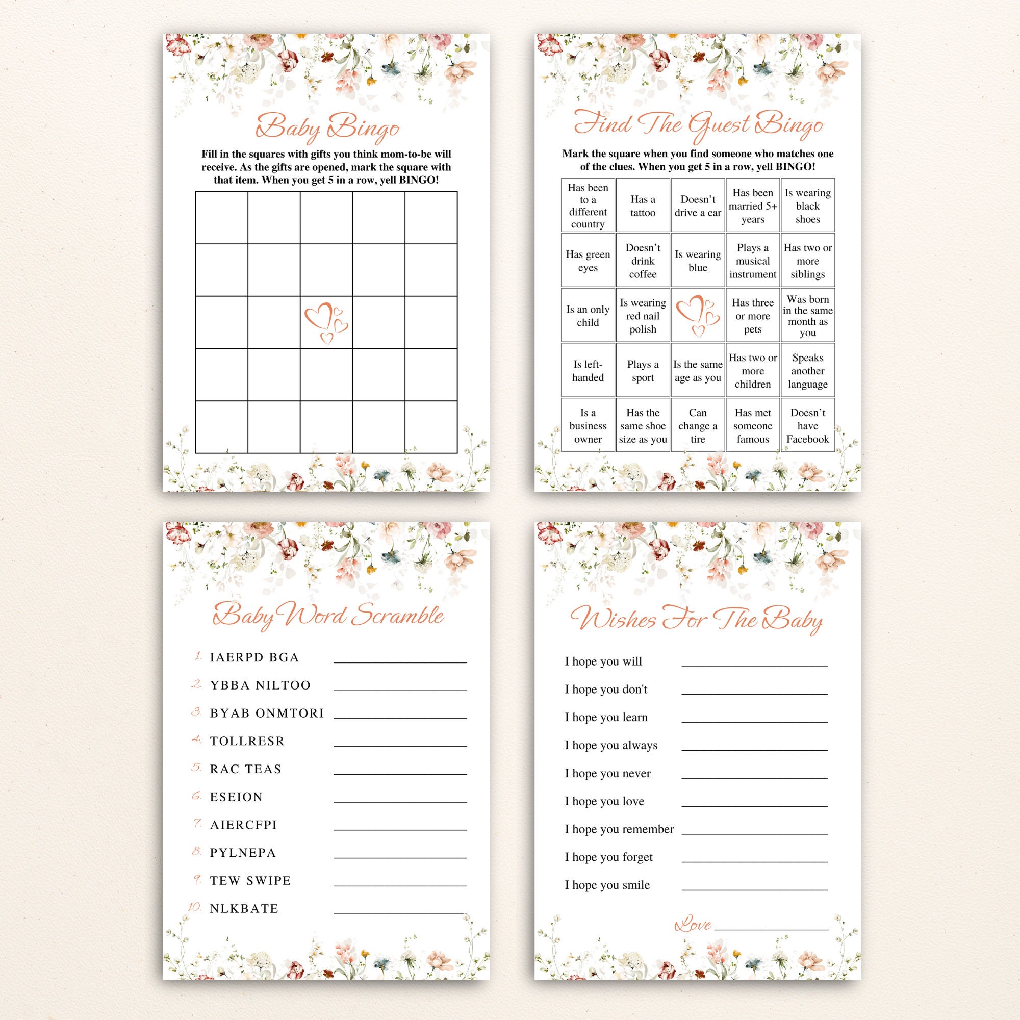 16 Printable Wildflower Baby Shower Games Garden Flowers Baby Shower ...