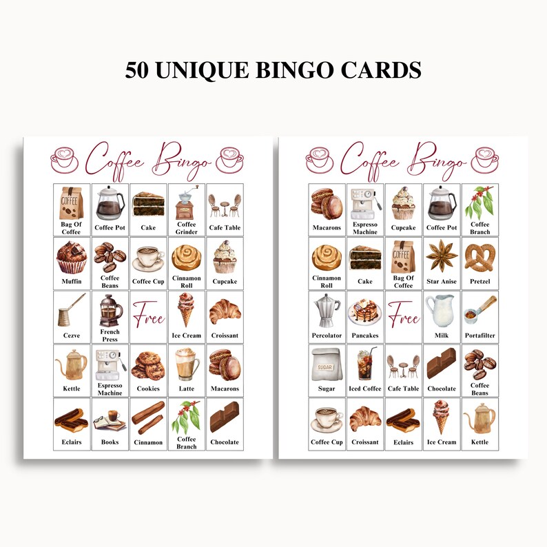 50 Printable Coffee Picture Bingo Cards, Coffee Bingo Cards, Coffee ...