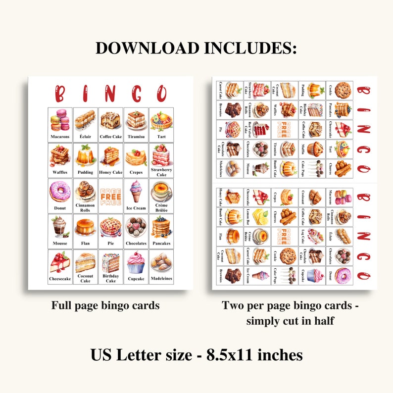 50 Printable Dessert Picture Bingo Cards: US Letter 8.5x11 DOWNLOAD - Etsy