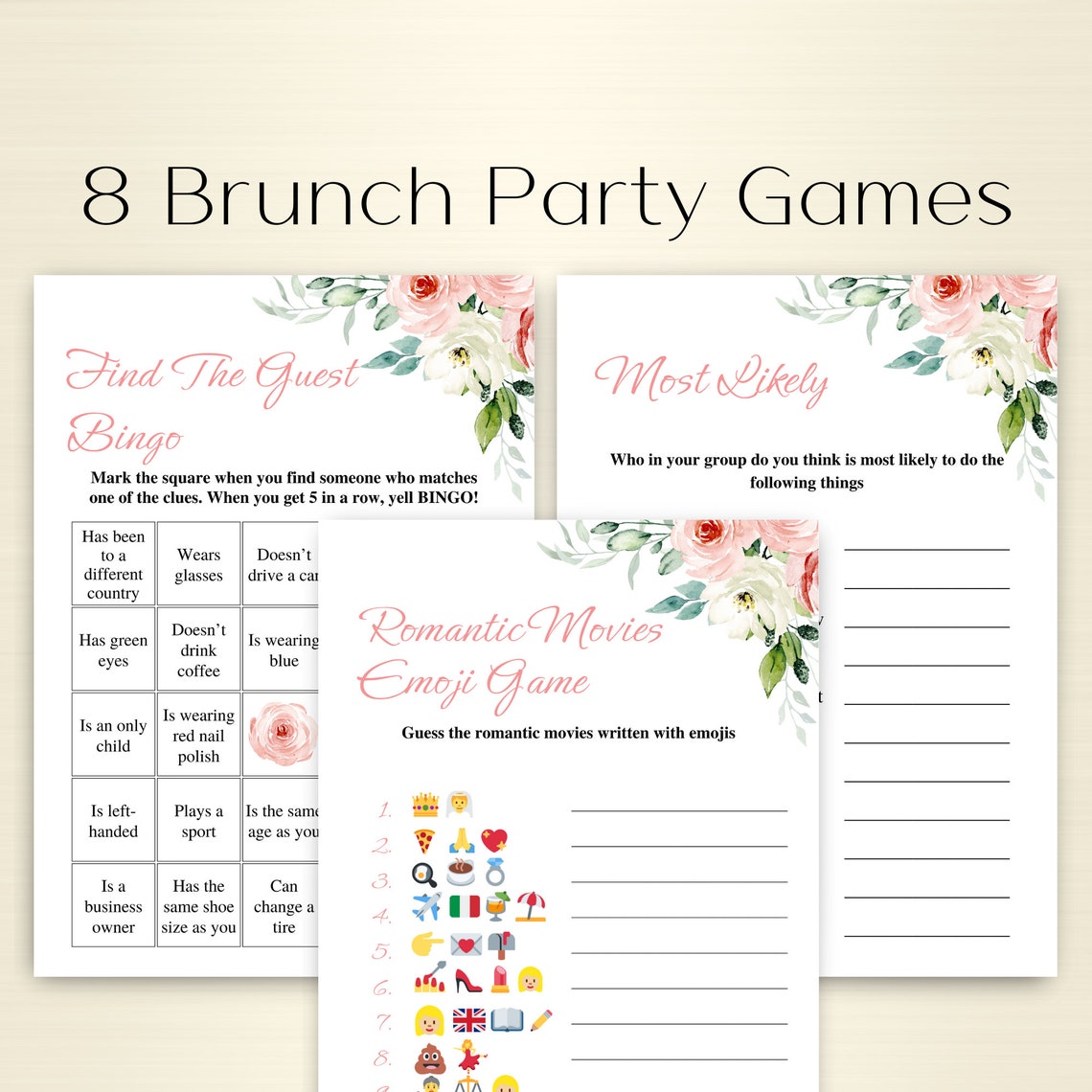 8 Printable Brunch Games for Adults: Floral Theme, DOWNLOAD - Etsy