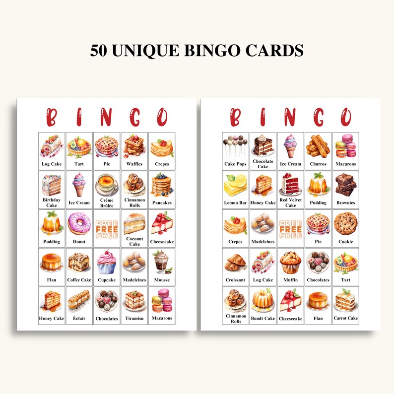 50 Printable Dessert Picture Bingo Cards: US Letter 8.5x11 DOWNLOAD - Etsy