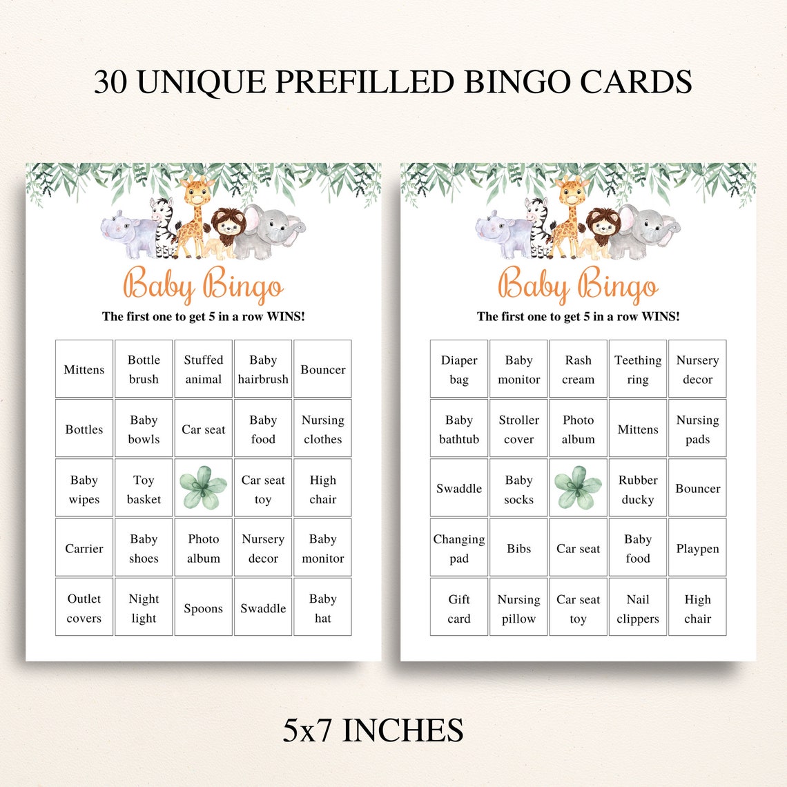 30 Printable Prefilled Baby Shower Bingo Cards, Safari Baby Shower ...