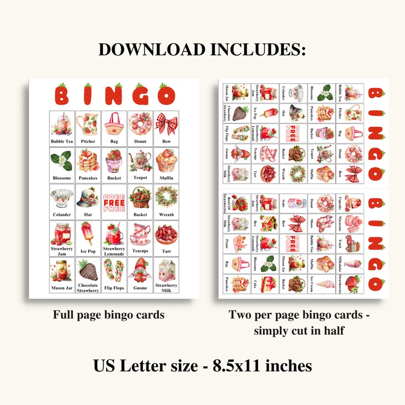 50 Printable Strawberry Picture Bingo Cards: US Letter 8.5x11 DOWNLOAD ...