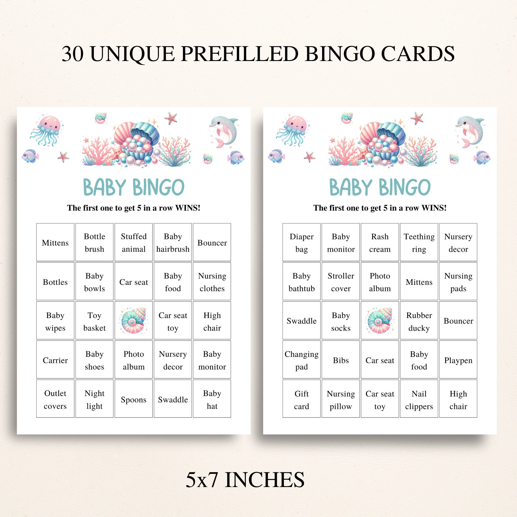30 Printable Ocean Baby Shower Bingo Cards 5x7'' Under the Sea Baby ...