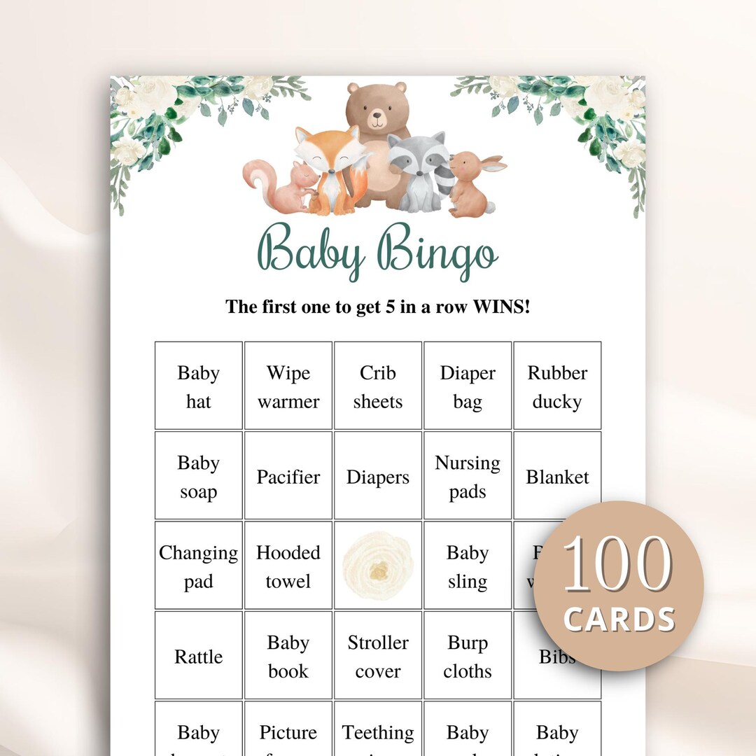 100 Printable Woodland Baby Shower Bingo Cards: Prefilled Gift Bingo ...