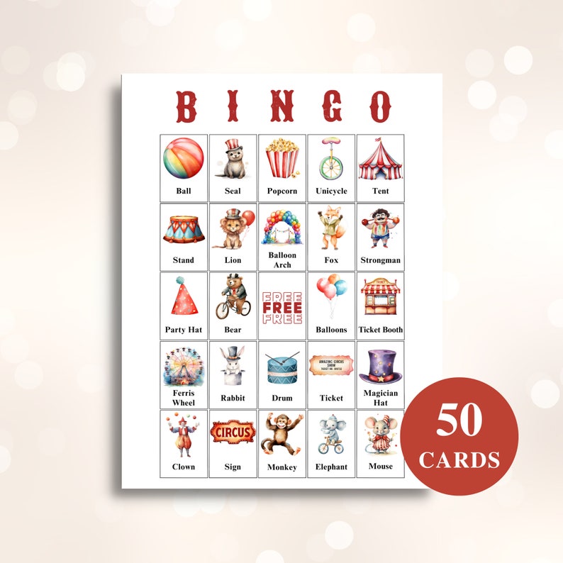 50 Printable Circus Bingo Cards, Carnival Picture Bingo, Circus ...