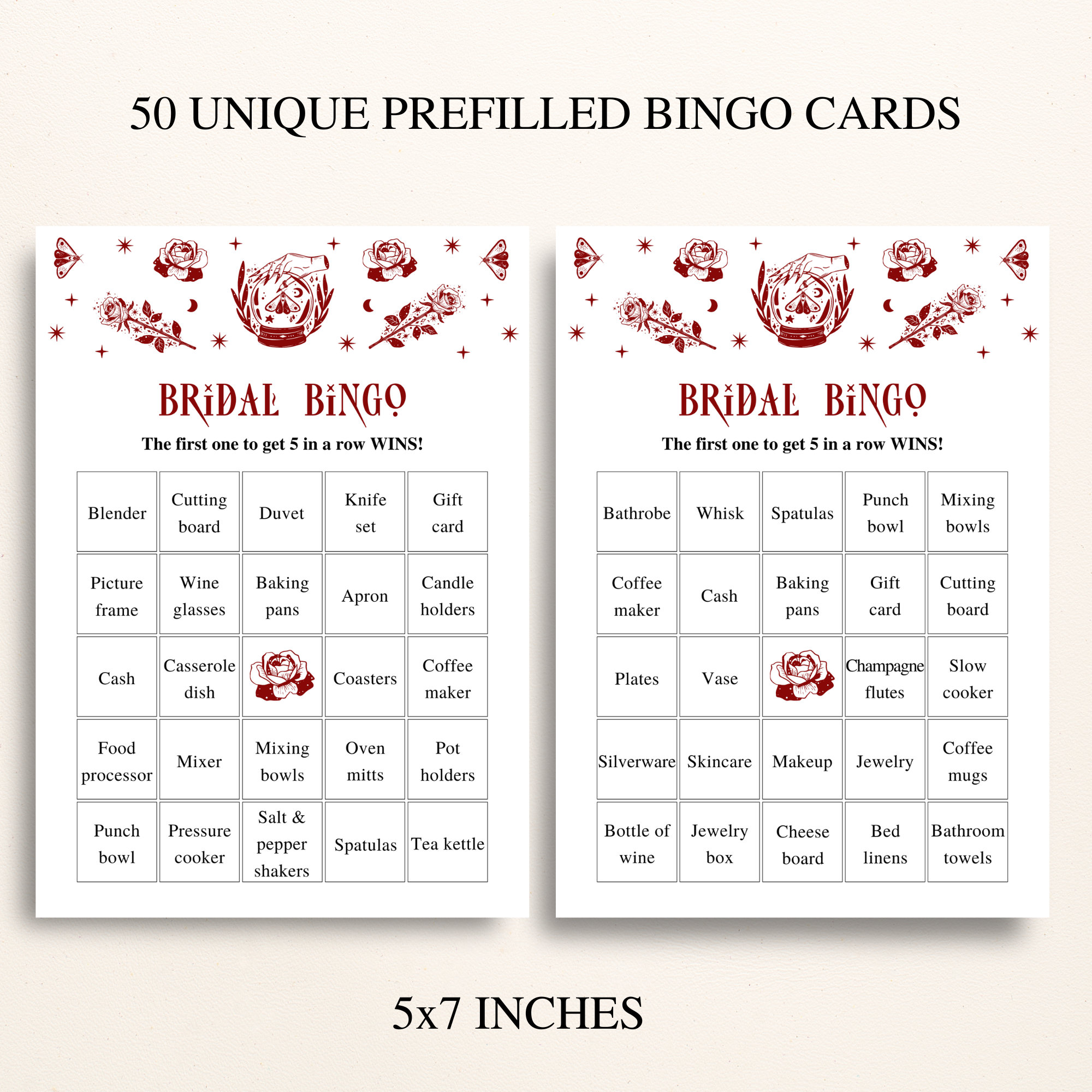 50 Printable Gothic Bridal Shower Bingo Cards, Prefilled Bridal Shower ...