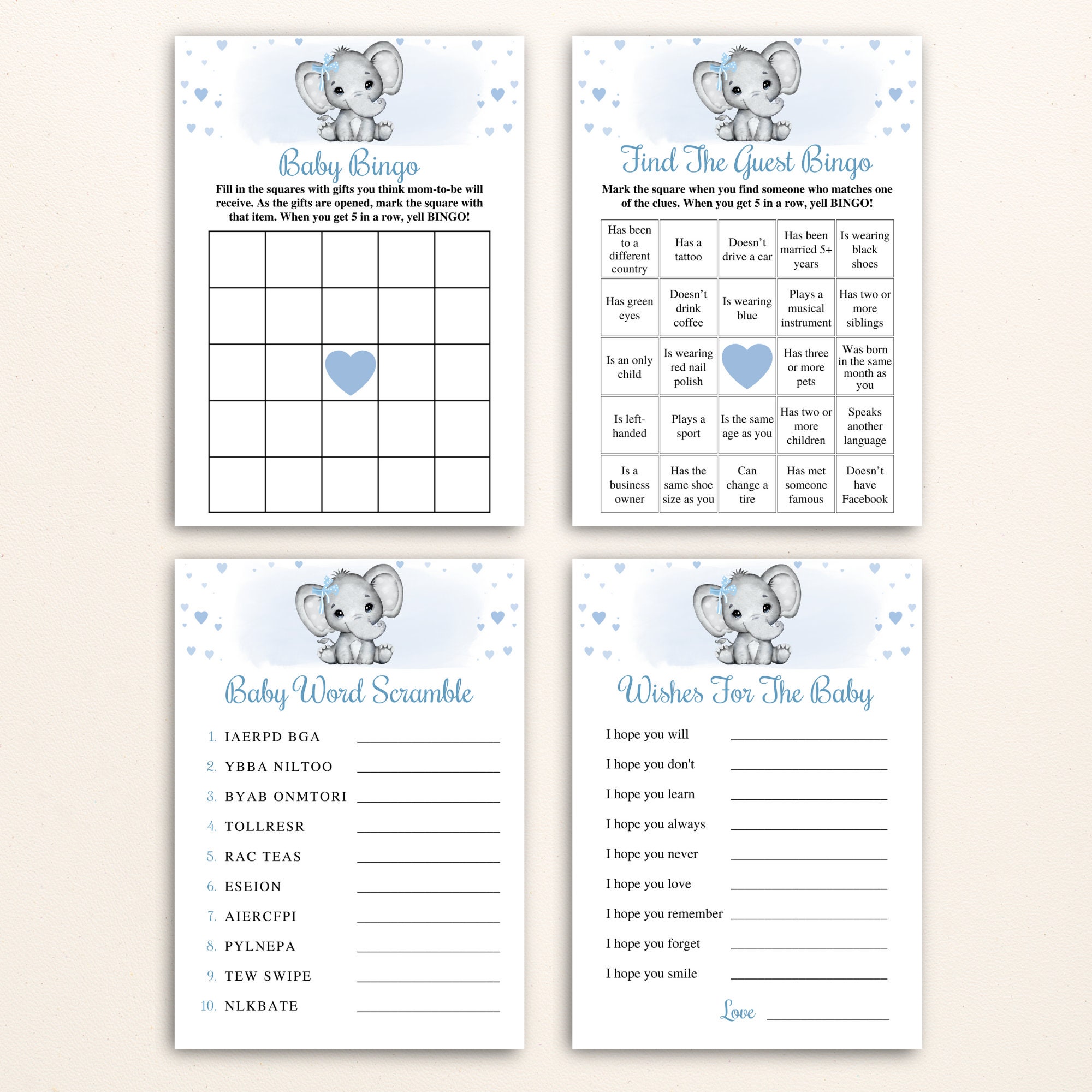 16 Printable Elephant Baby Shower Games, Boy Elephant Baby Shower Game ...