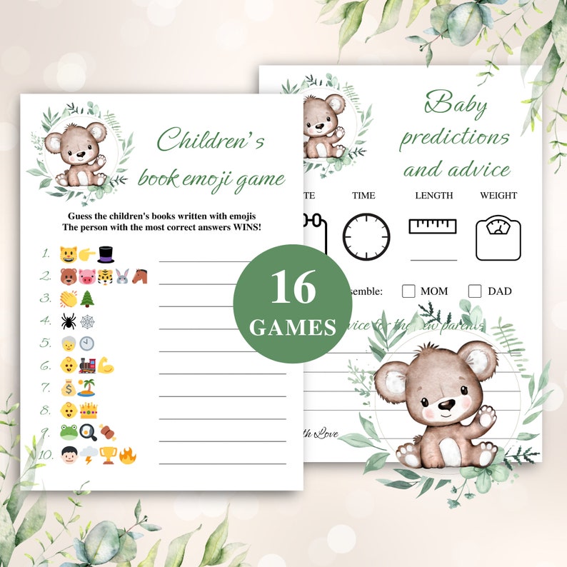 16 Printable Teddy Bear Baby Shower Games, Baby Shower Teddy Bear Themed Game Bundle, Greenery ...