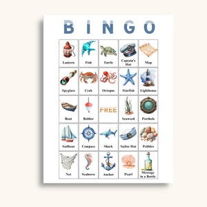 50 Printable Nautical Bingo Cards | Nautical Themed Picture Bingo Cards ...