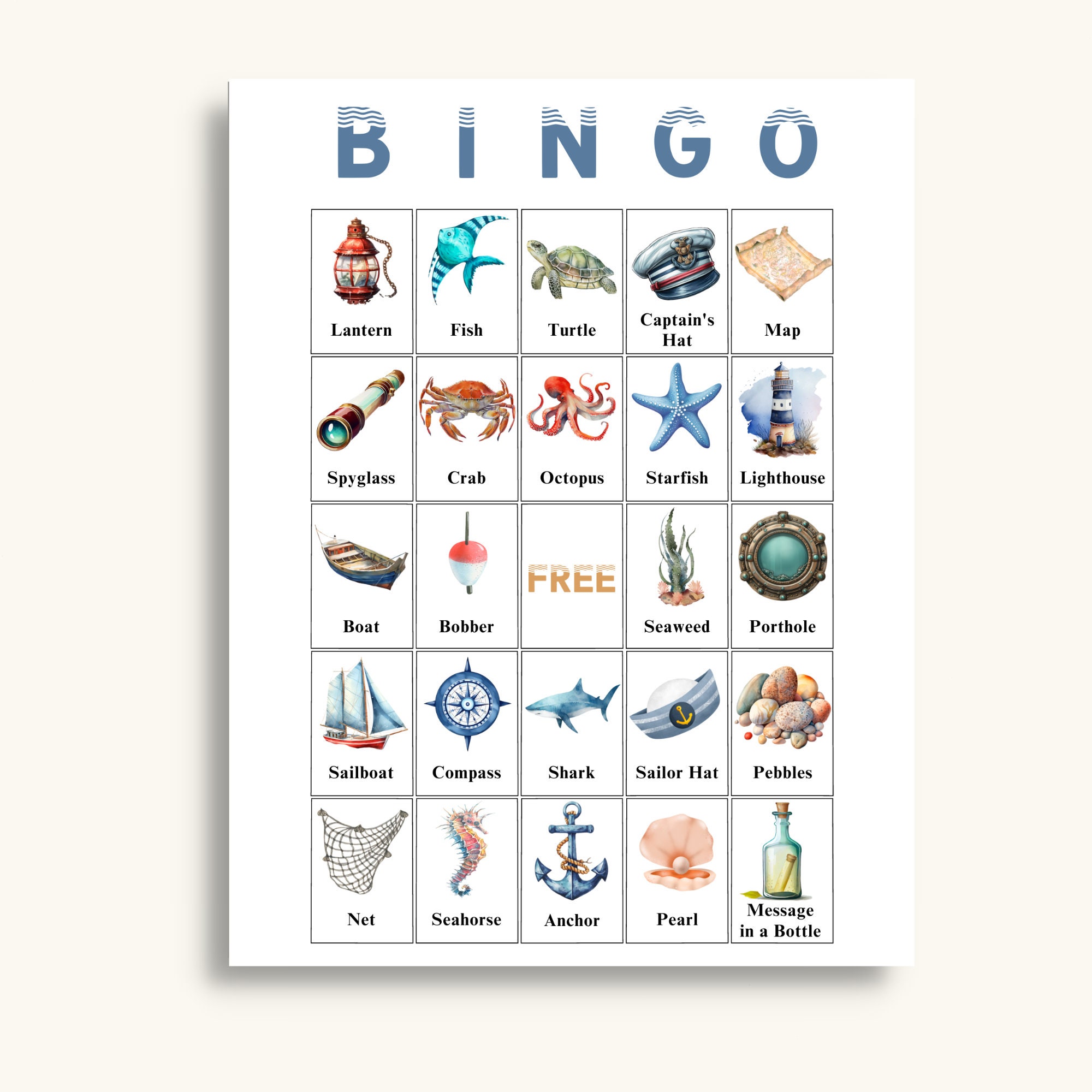 50 Printable Nautical Bingo Cards Nautical Themed Picture Bingo Cards ...