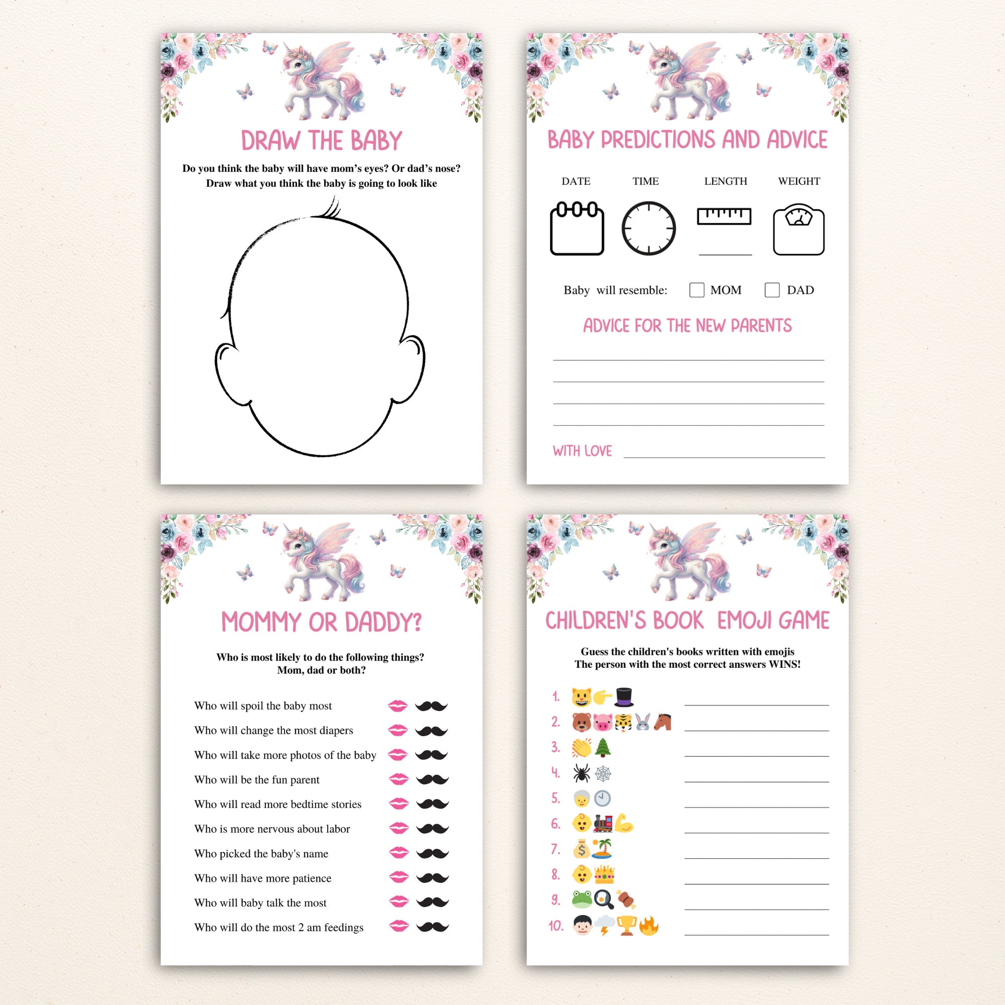 16 Printable Unicorn Baby Shower Games Floral Unicorn Baby Shower Game ...