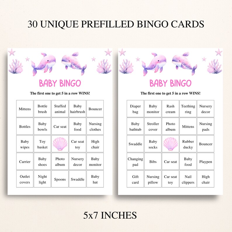 30 Printable Under the Sea Baby Shower Bingo Cards | 5x7'' Prefilled ...