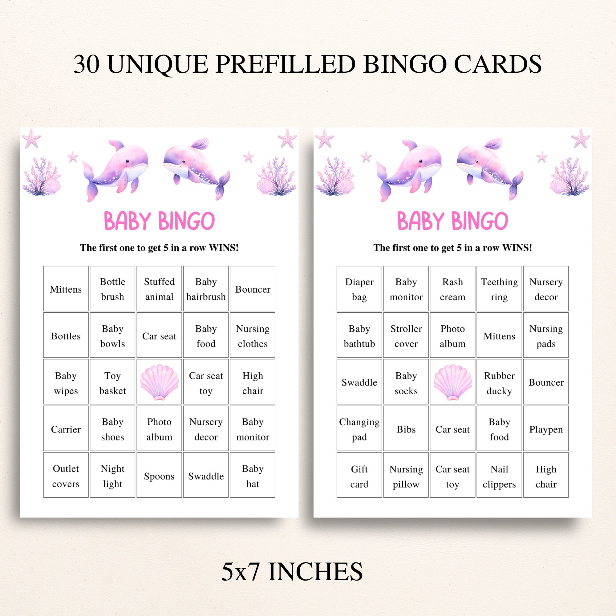 30 Printable Under the Sea Baby Shower Bingo Cards 5x7'' Prefilled Baby ...