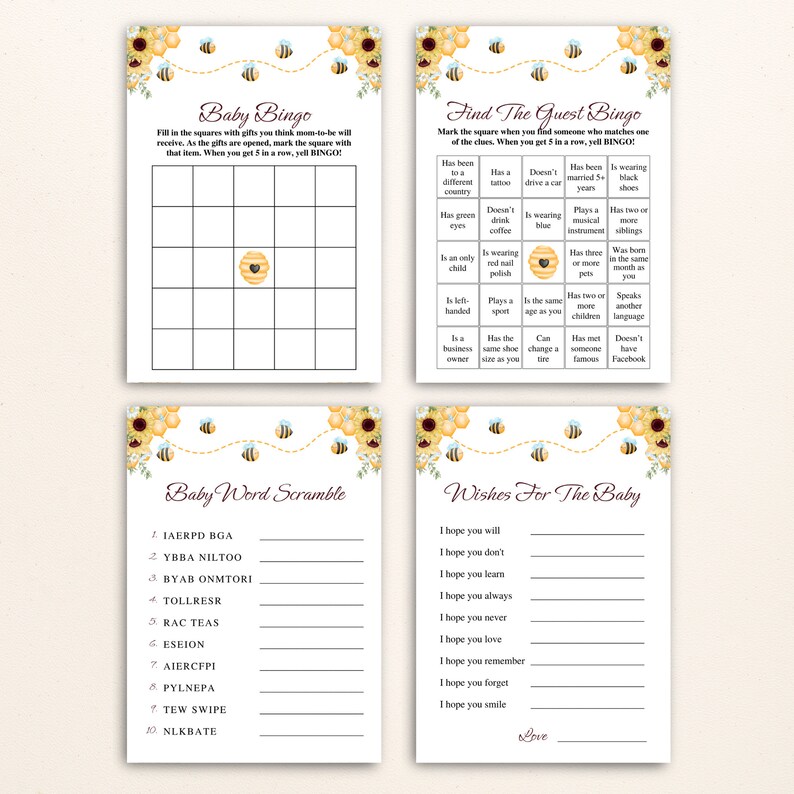 16 Printable Honey Bee Baby Shower Games, Bumblebee Baby Shower Game ...