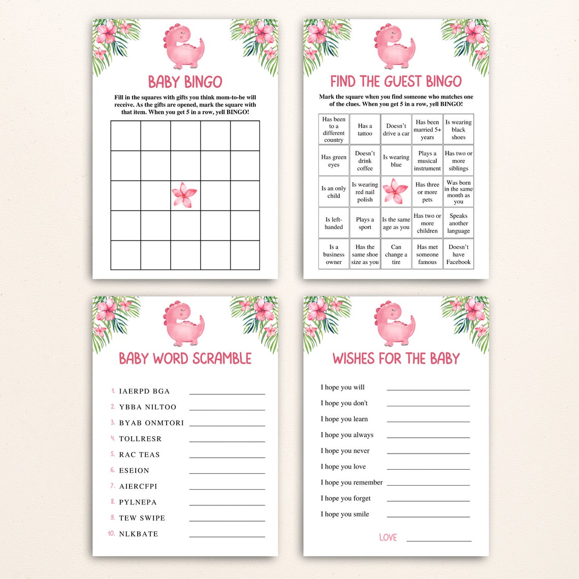 16 Printable Girl Dinosaur Baby Shower Games Pink Dinosaur - Etsy