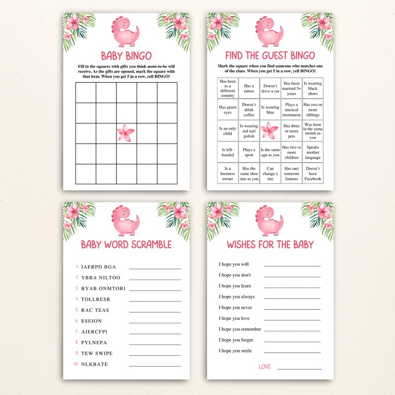 16 Printable Girl Dinosaur Baby Shower Games Pink Dinosaur Baby Shower ...