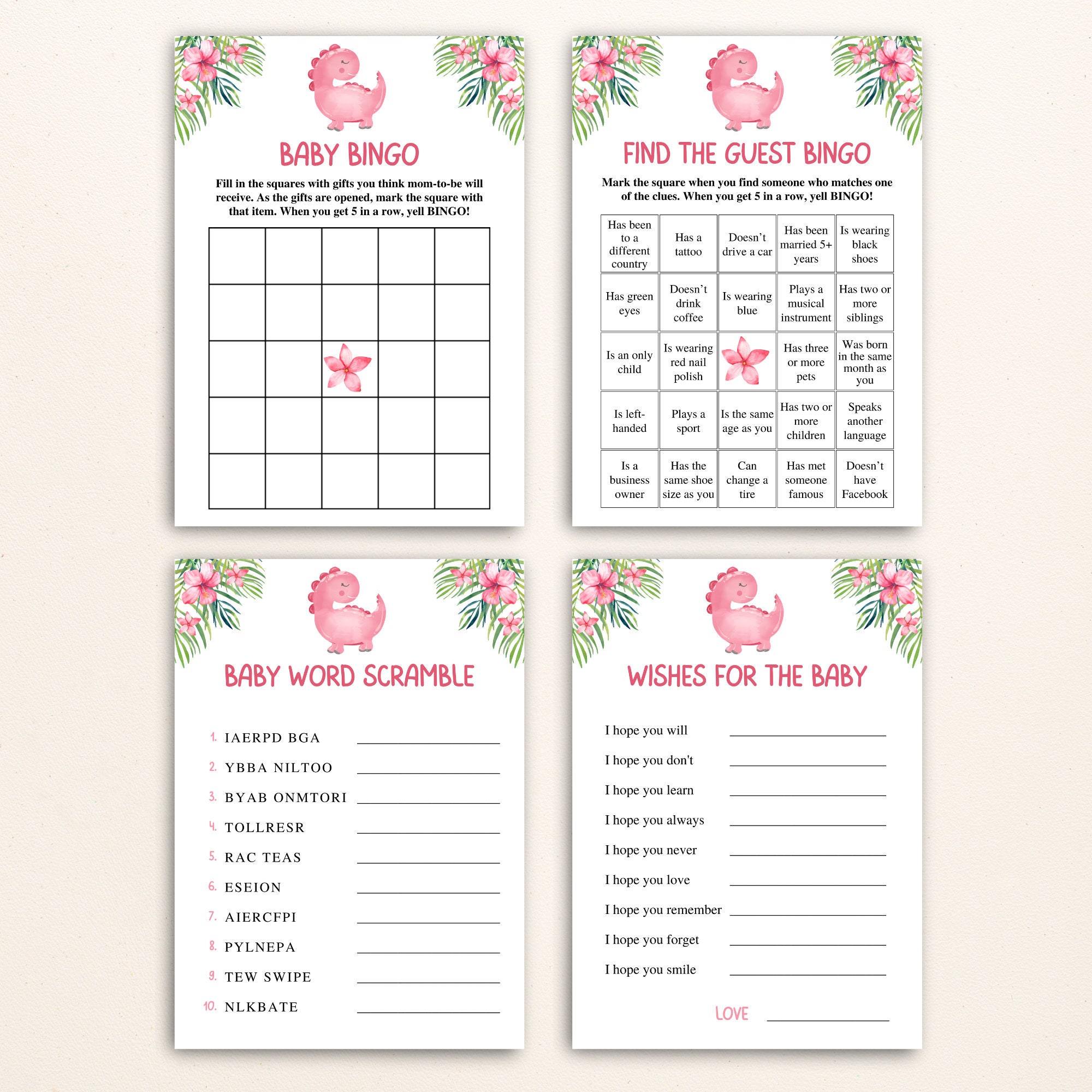 16 Printable Girl Dinosaur Baby Shower Games Pink Dinosaur Baby Shower ...