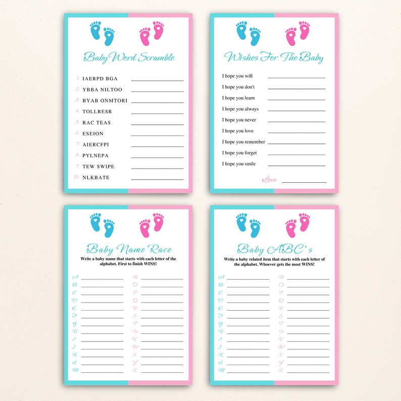12 Printable Baby Feet Gender Reveal Games Pink and Blue Gender Reveal Party Games He or She ...