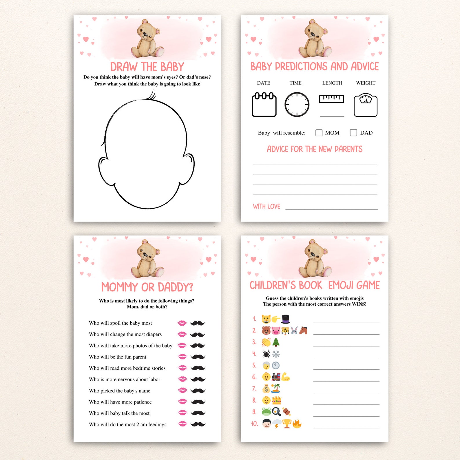 16 Printable Teddy Bear Baby Shower Games, Pink Teddy Bear Baby Shower ...