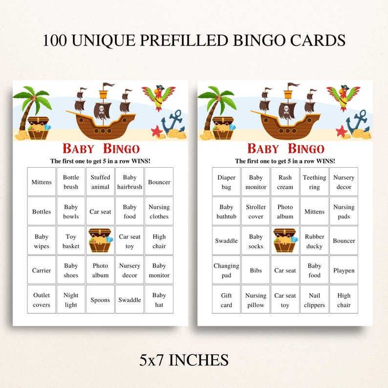 100 Printable Pirate Baby Shower Bingo Cards: Prefilled Baby Shower ...
