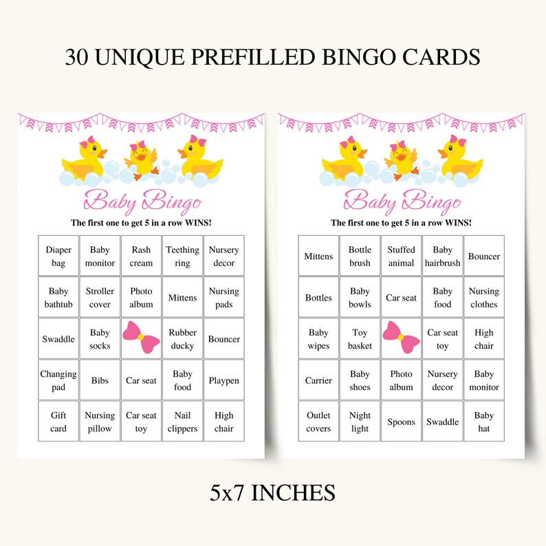 30 Printable Prefilled Baby Shower Bingo Cards, Rubber Ducky Baby ...