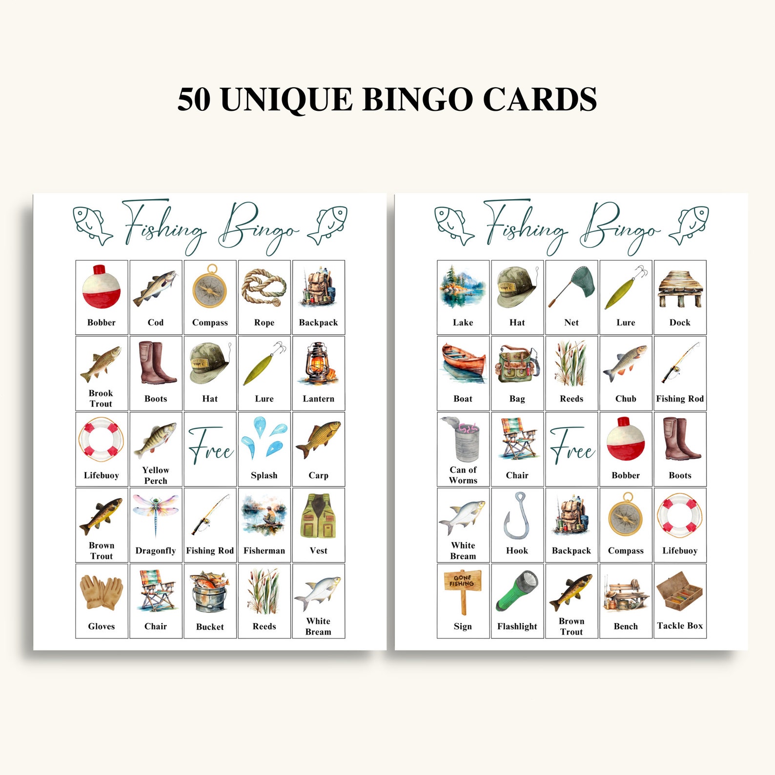 50 Printable Fishing Picture Bingo Cards, Fishing Bingo Cards, Fishing ...