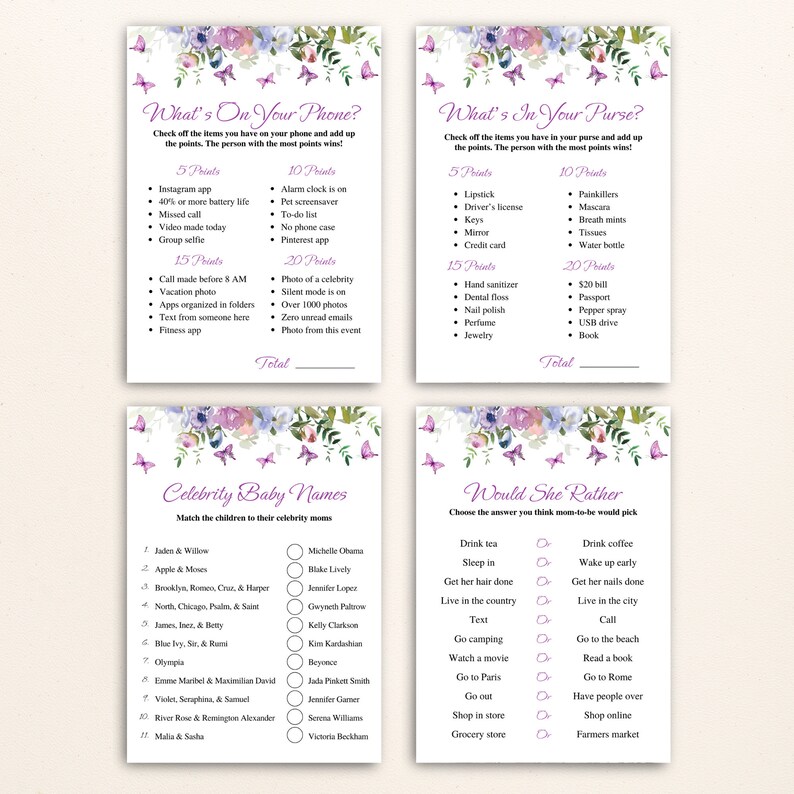 Printable Purple Butterfly Baby Shower Games: Garden Theme, 16 Game ...