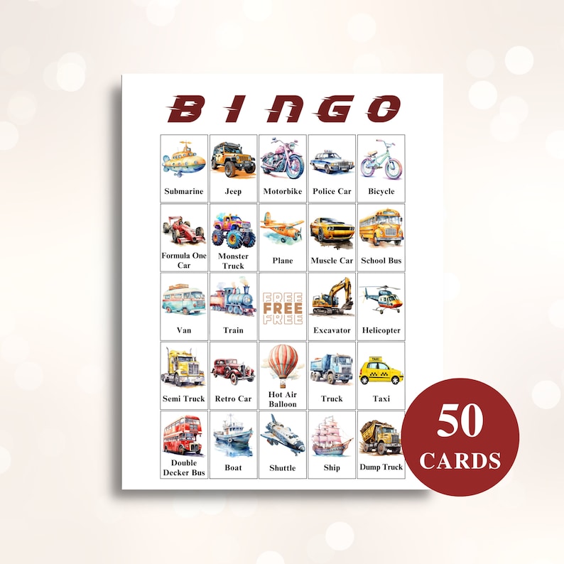 50 Printable Vehicle Bingo Cards Transport Picture Bingo Vehicle ...