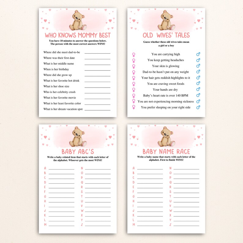 16 Printable Teddy Bear Baby Shower Games, Pink Teddy Bear Baby Shower ...
